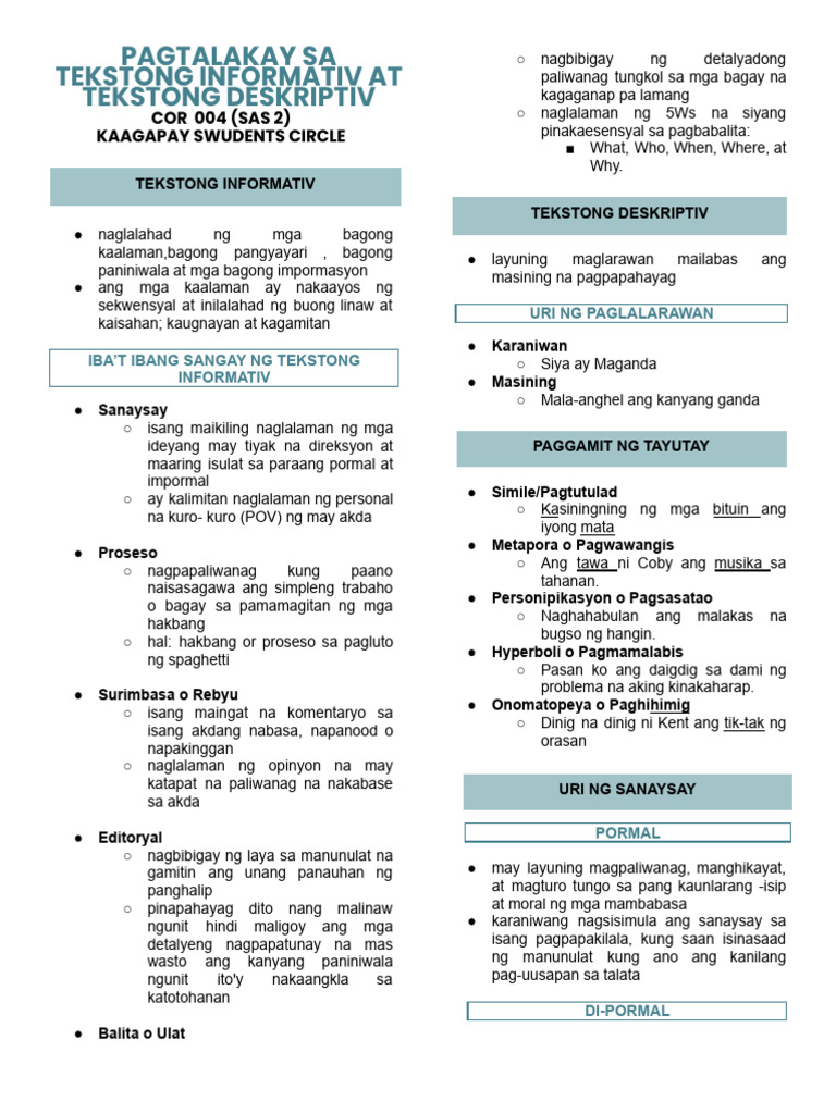 COR 004 - Pagbasa at Pagsusuri NG Iba't-Ibang Teksto | PDF