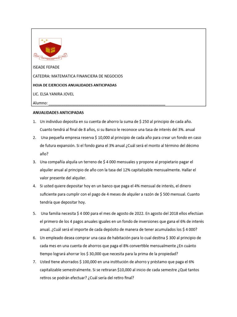 ANUALIDADES ANTICIPADAS 2023 Ejercicios A Desarrollar | PDF | Bancos | Ahorro