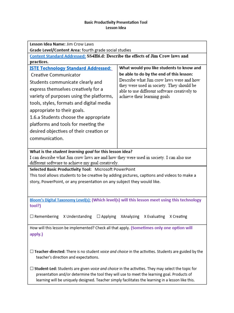 Jim Crow Laws Lesson Plan | Download Free PDF | Lesson Plan | Cognitive ...