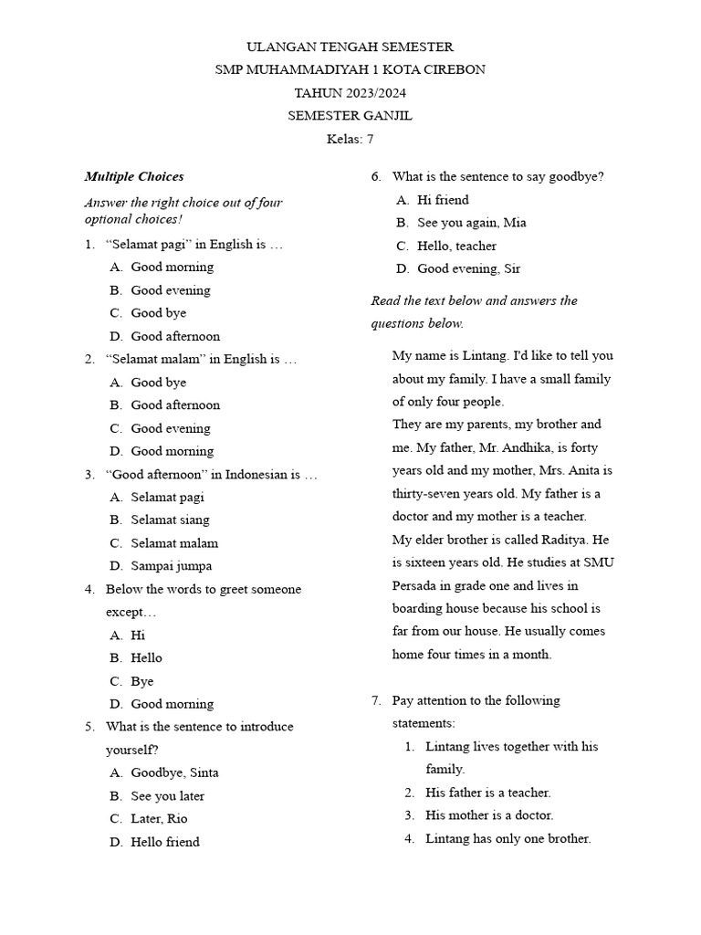 Soal UTS B Ing SMP Muhammadiyah 1 Kelas 7 2023 I 2024 | PDF