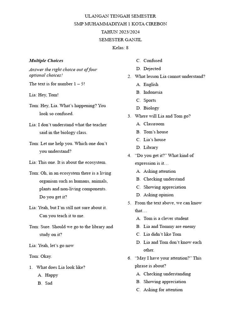 Soal UTS B Ing SMP Muhammadiyah 1 Kelas 8 2023 I 2024 | PDF