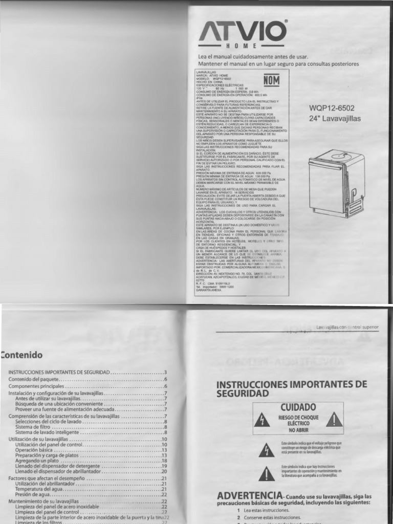 Manual Lavavajillas Atvio WQP12-6502 | PDF | Lavavajillas | Agua
