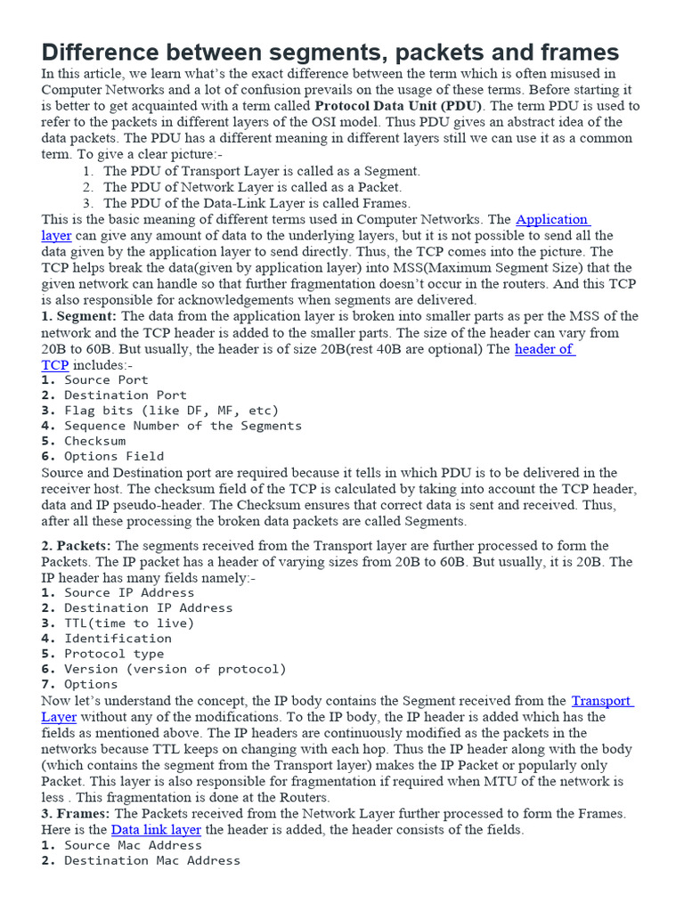 Difference between segments, packets & frames 17.01.2024 | PDF | Internet Protocols ...