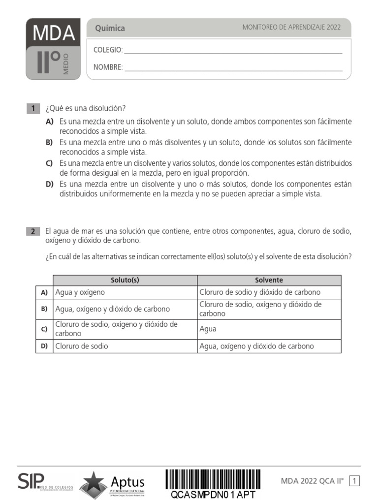 Mda 2022 Junio Qca II v2 | PDF | Solubilidad | Concentración