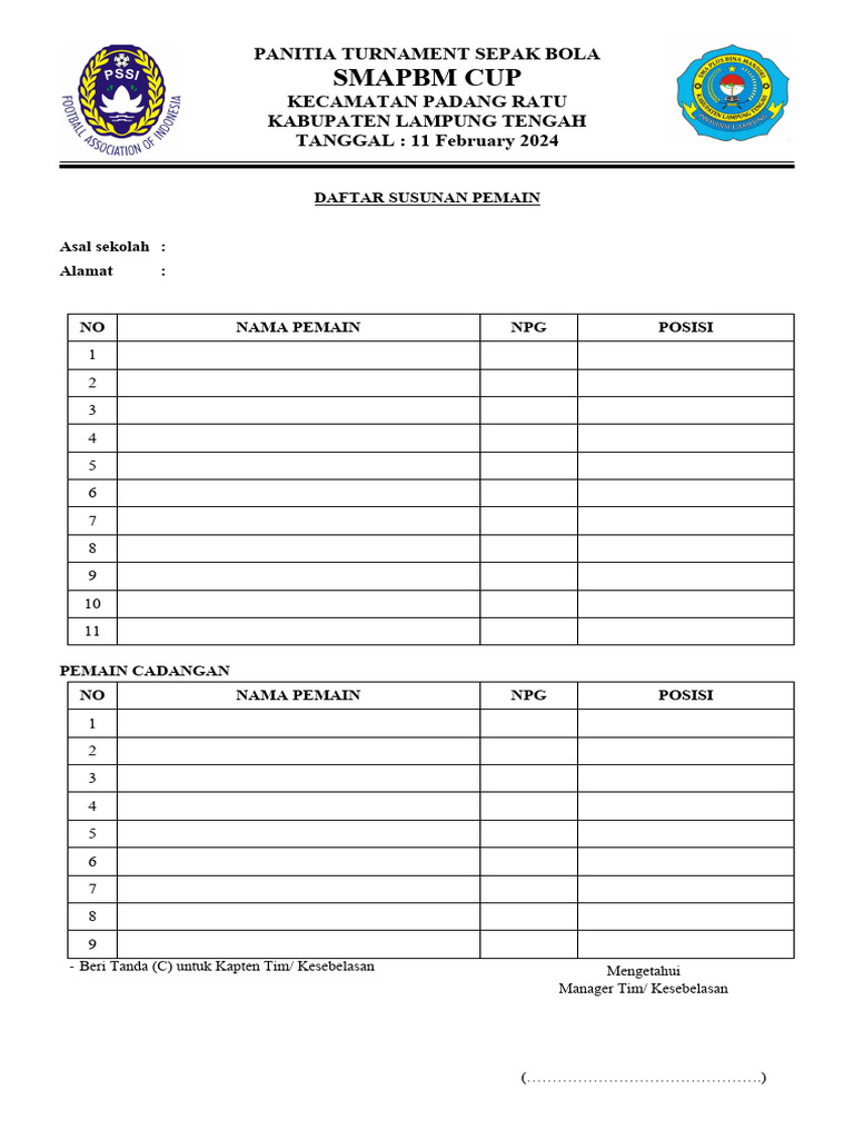 Daftar Susunan PEMAIN SEPAK BOLA | PDF