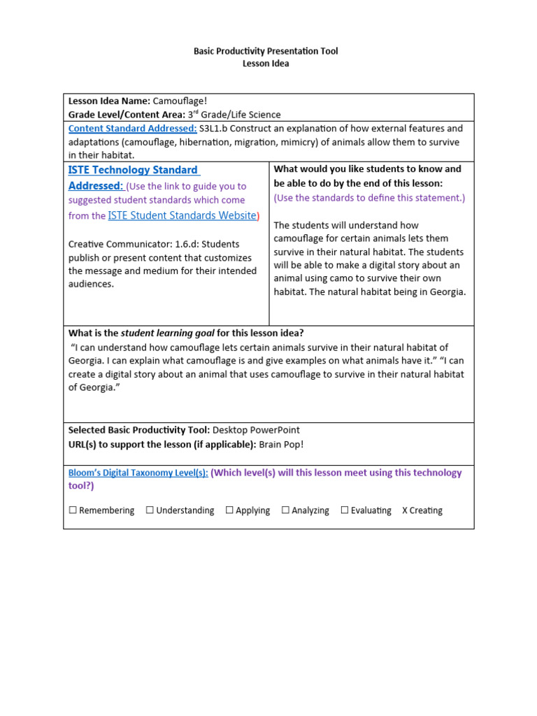Bpts Basic Productivity Tools Lesson Idea Template | PDF | Learning | Camouflage