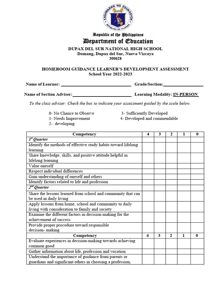 HOMEROOM GUIDANCE LEARNERS DEVELOPMENT ASSESSMENT Junior hIGH SCHOOL ...