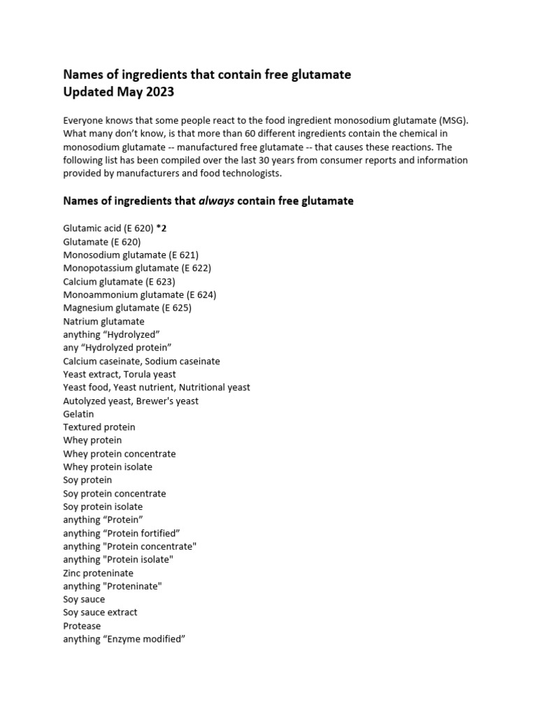 Ingredient Names Contain MSG | Download Free PDF | Food And Drink ...