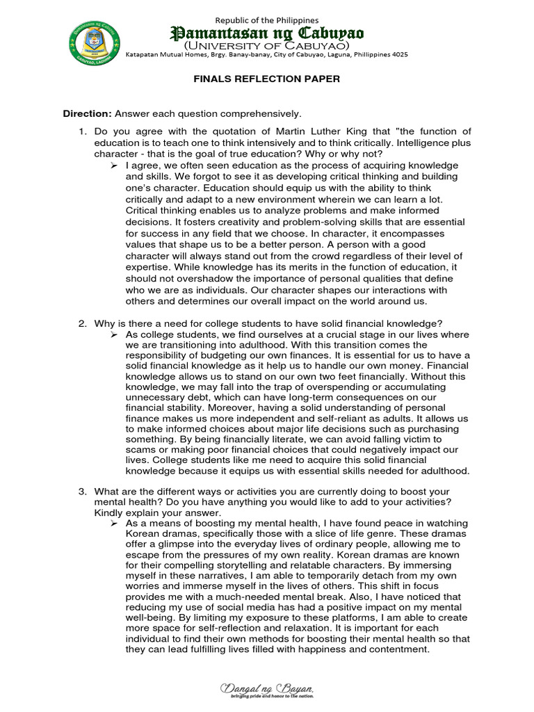 Finals Reflection Paper (Dilla-1sedm-A) | PDF | Critical Thinking | Knowledge