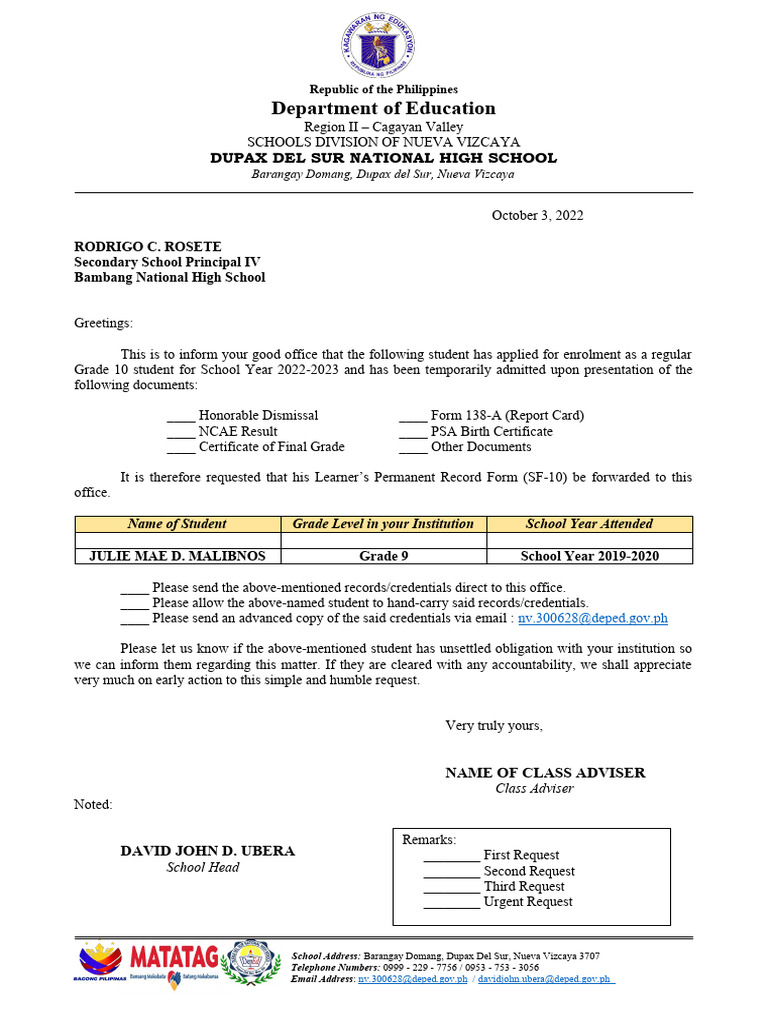 Ddsnhs Request For Form 137 | Download Free PDF | Government | Social ...