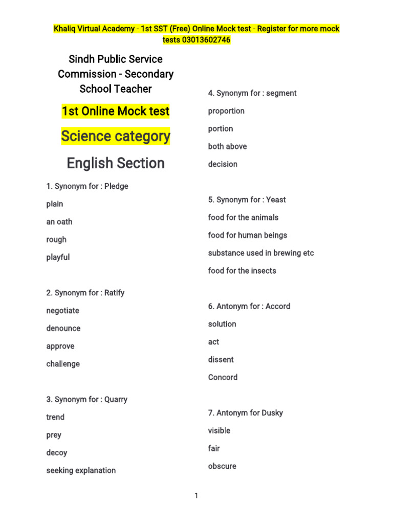 1st SST Science Mock Test | PDF | Proton | Atoms