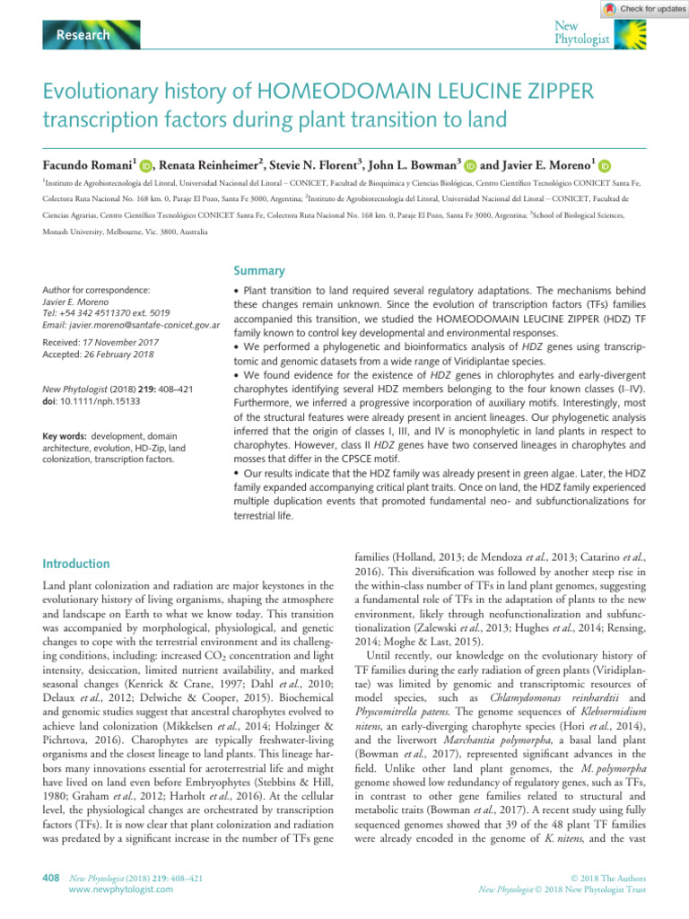 Evolutionary History of HOMEODOMAIN LEUCINE ZIPPER Transcription Factors During Plant Transition ...