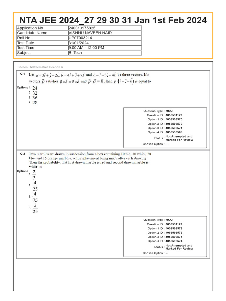 Jee Main 31ST January Shift-1 Paper | PDF | Multiple Choice | Evaluation