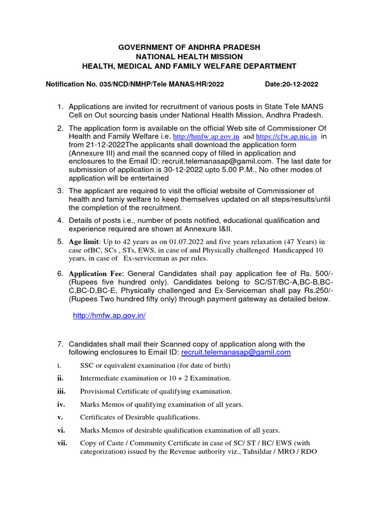 Notification NHM AP Various Vacancy Posts | PDF | Social Work | Psychiatry