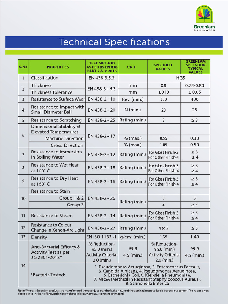 Greenlam HPL Technical Specification TDS Range 0.80mm | PDF