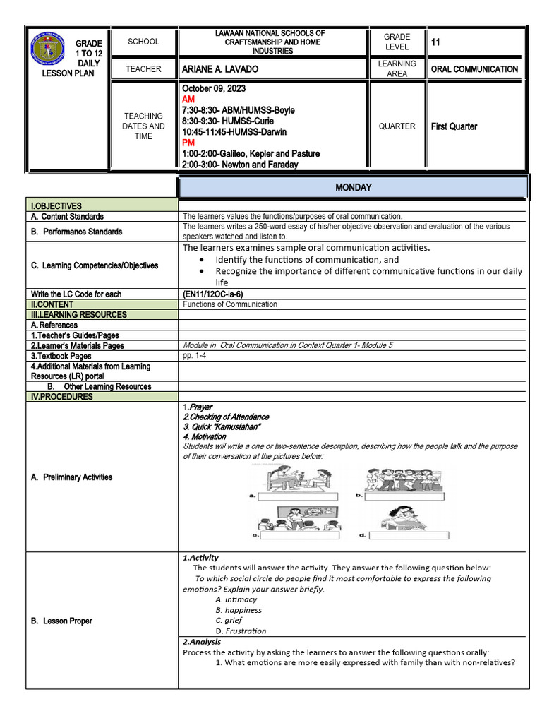 Oral Communication Lesson Plan | PDF | Communication | Learning