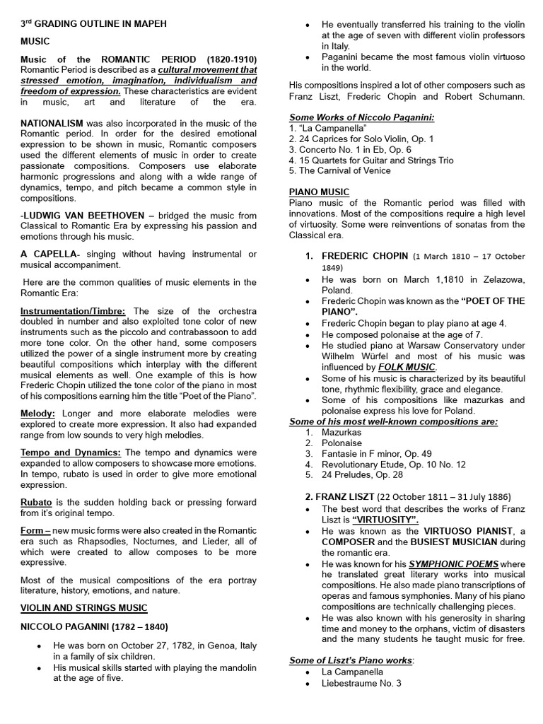 MAPEH Grade 9 Music 3rd Quarter Outline | PDF | Romantic Music ...