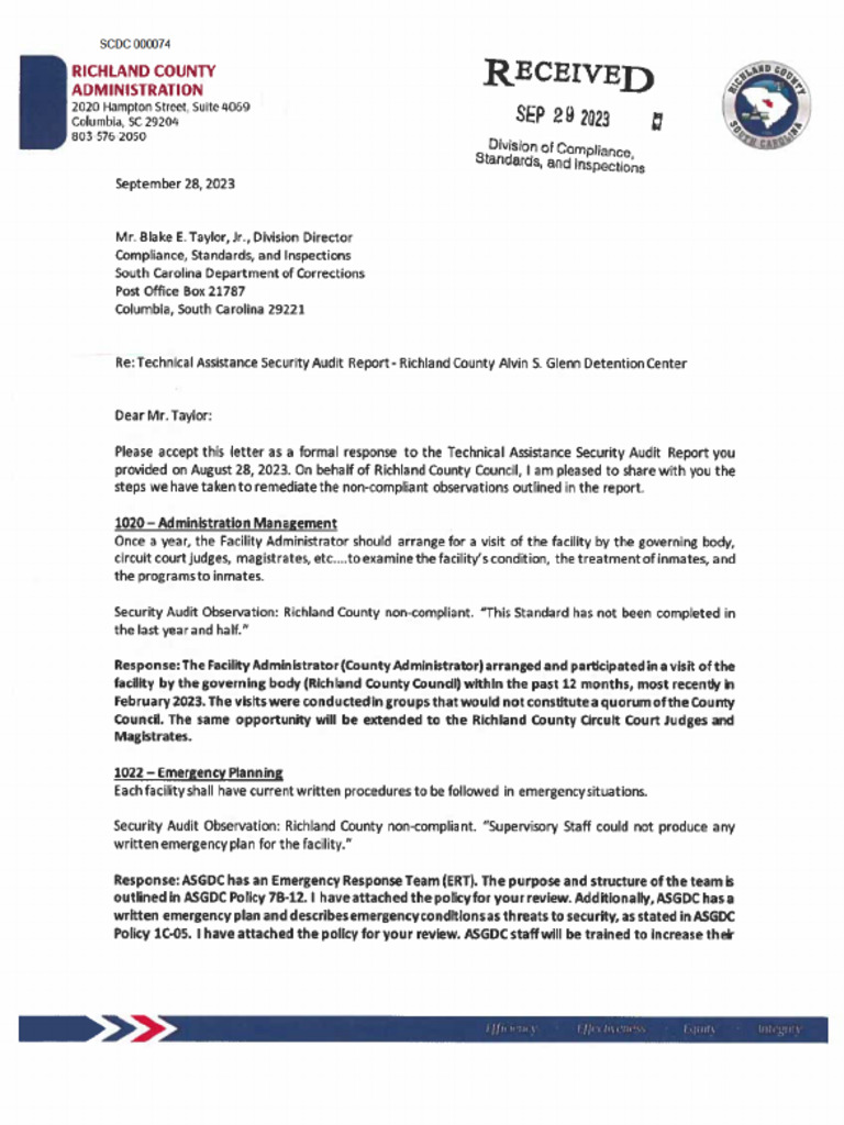 Richland County Administrator's Letter of Response To Security Audit | PDF