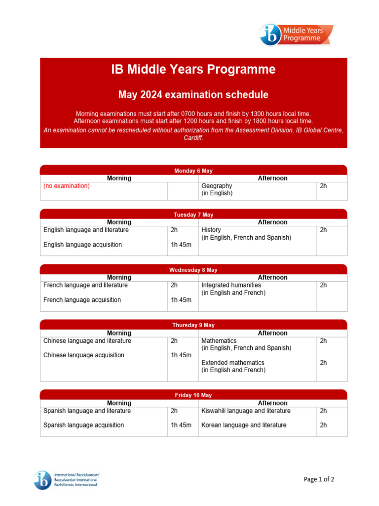 MYP May 2024 Exam Schedule | PDF