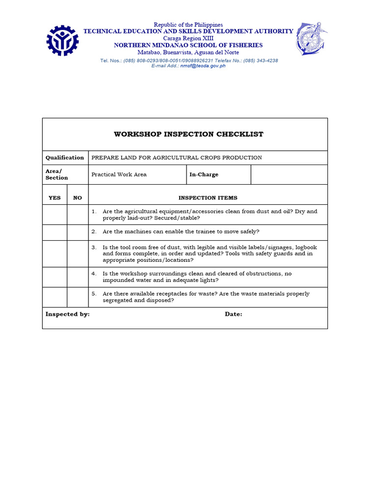 WORKSHOP INSPECTION CHECKLIST | PDF