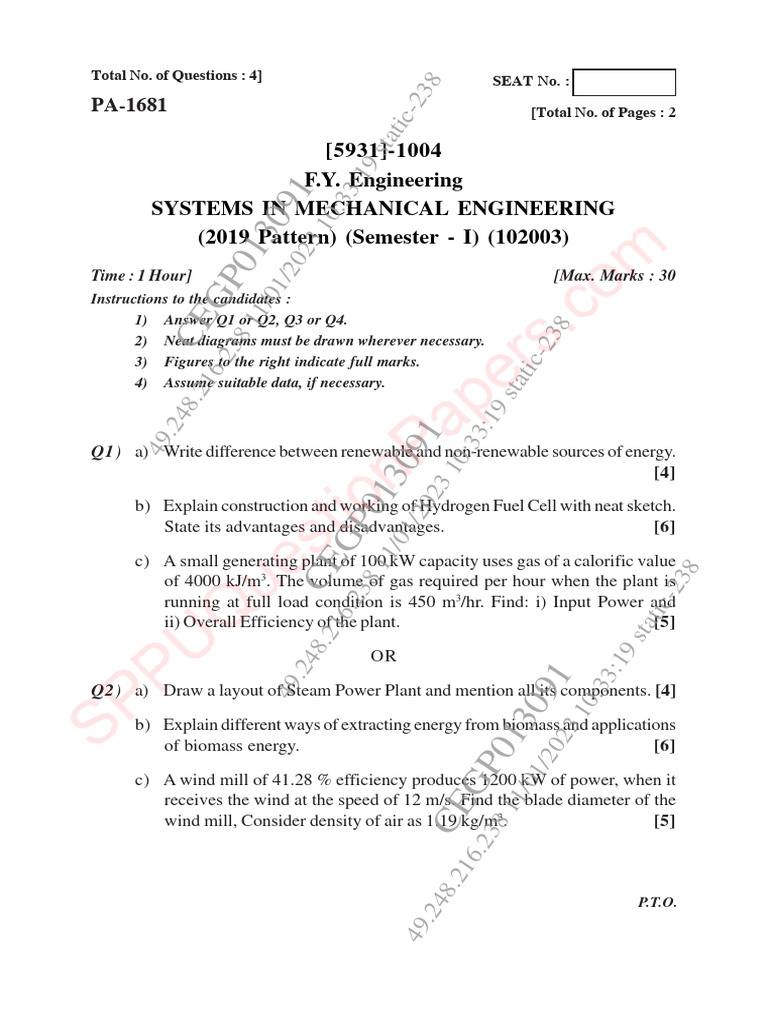 Be - First Year Fe Engineering - Semester 1 - 2022 - October - Systems in Mechanical Engineering ...