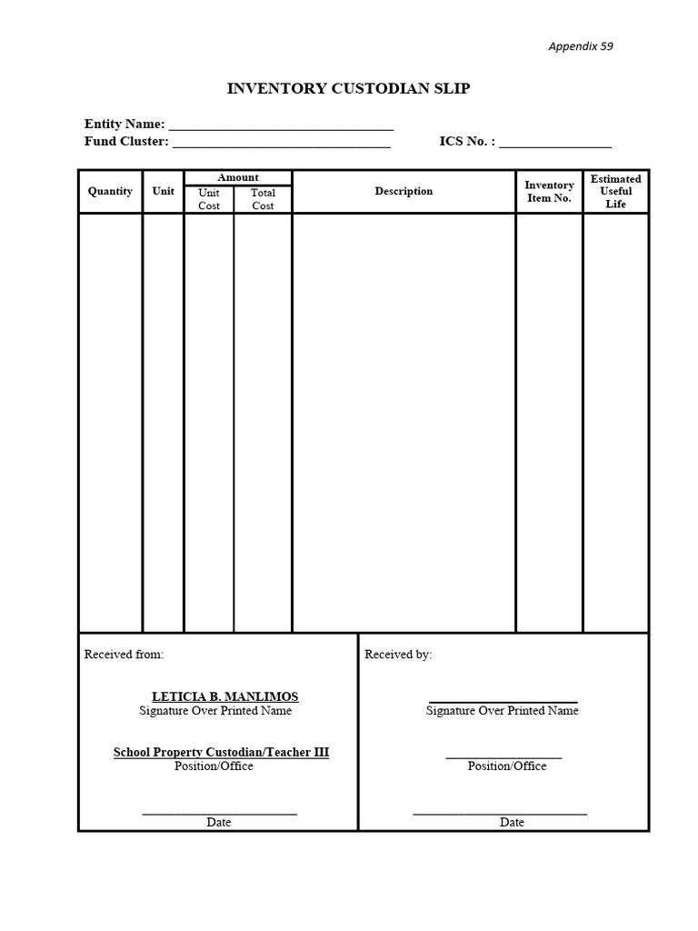 Inventory Custodian Slip Template | PDF