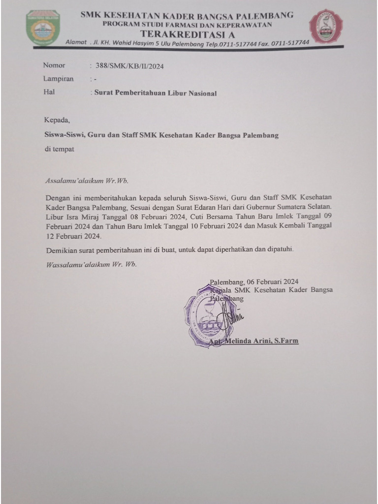 Surat Pemberitahuan Libur | PDF