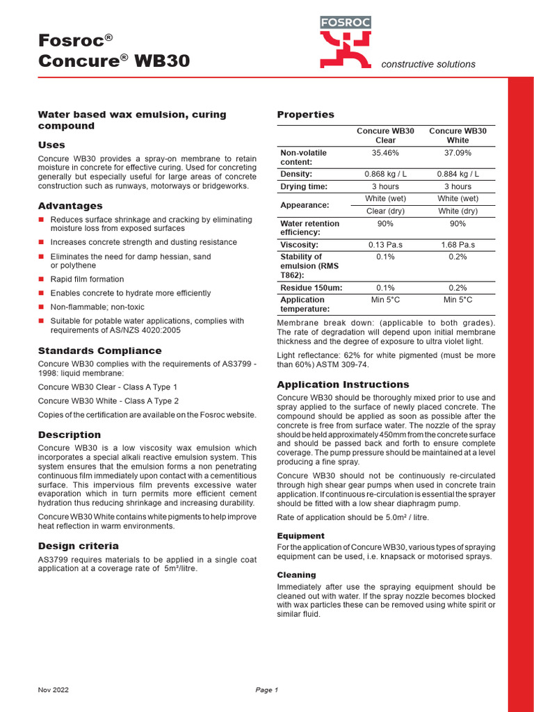 Fosroc Concure WB30 TDS | PDF | Concrete | Industrial Processes