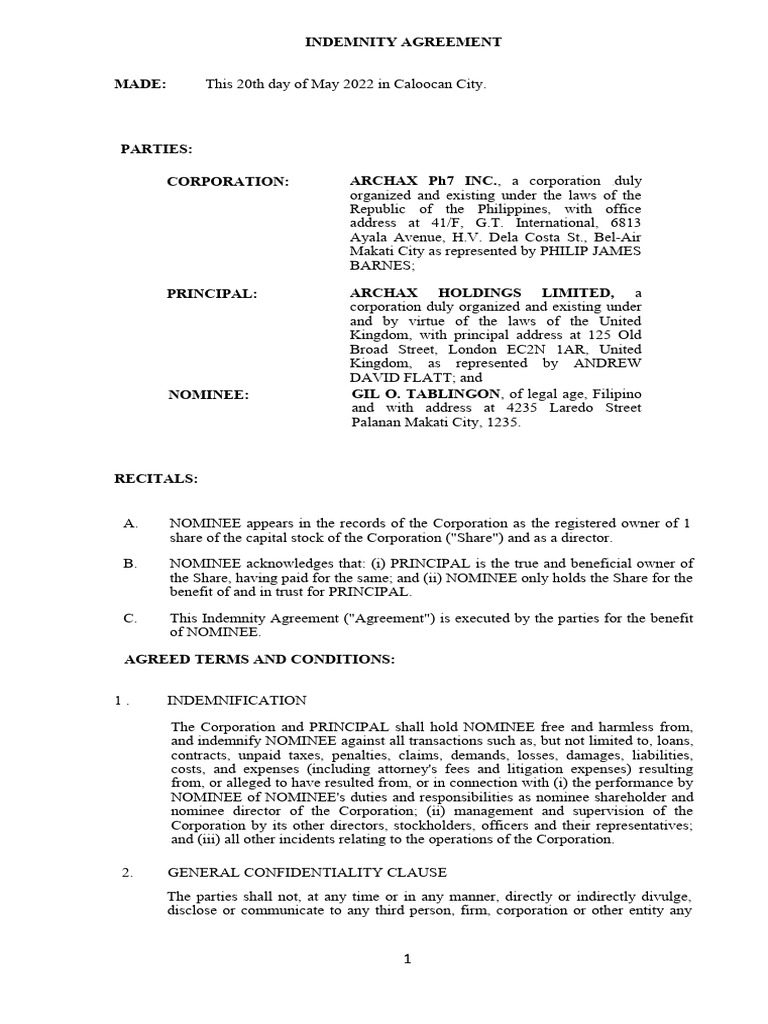 Indemnity Agreement Archax Pdf Indemnity Corporations