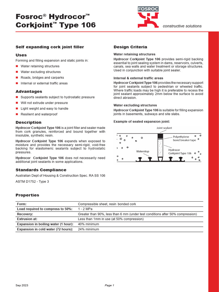 Fosroc Hydrocor Corkjoint Type 106 TDS | PDF | Concrete | Water