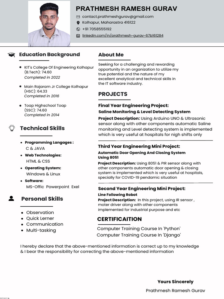 Prathmesh Resume 2022 | PDF | Computer Engineering | Computer Science