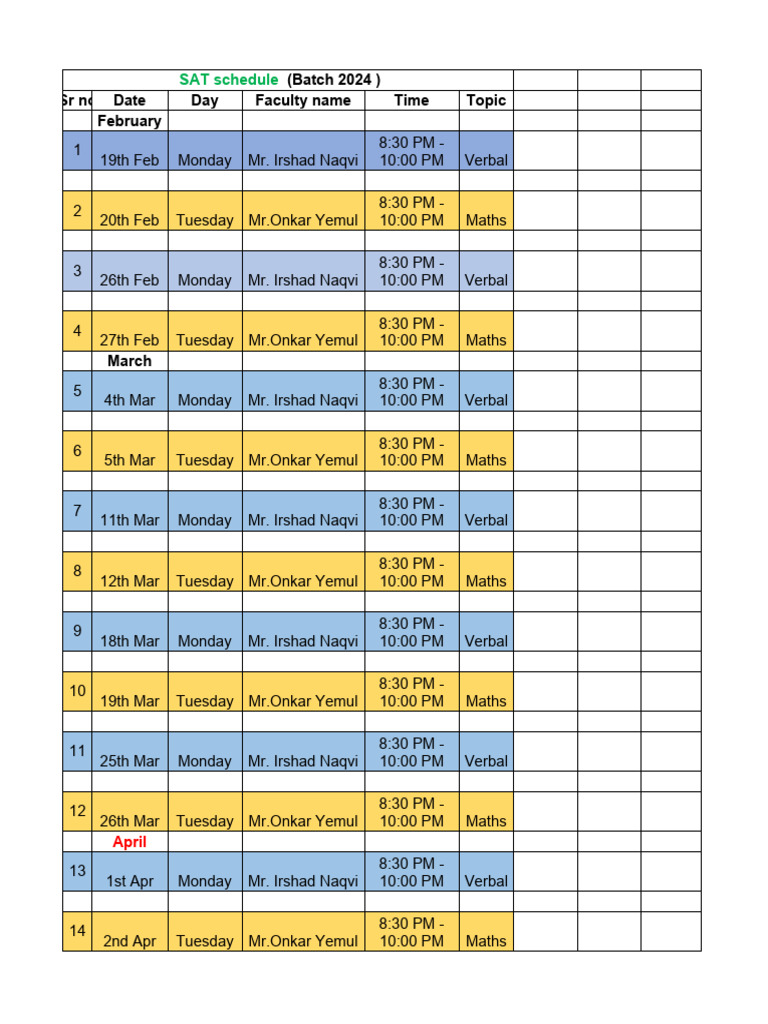 SAT Batch Schedule (Batch 2024) Feb To April | PDF | Military ...