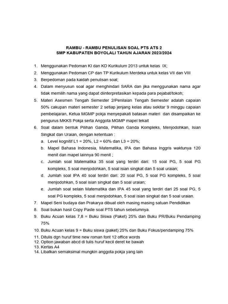 Panduan Penulisan Soal PTS ATS 2 SMP | PDF
