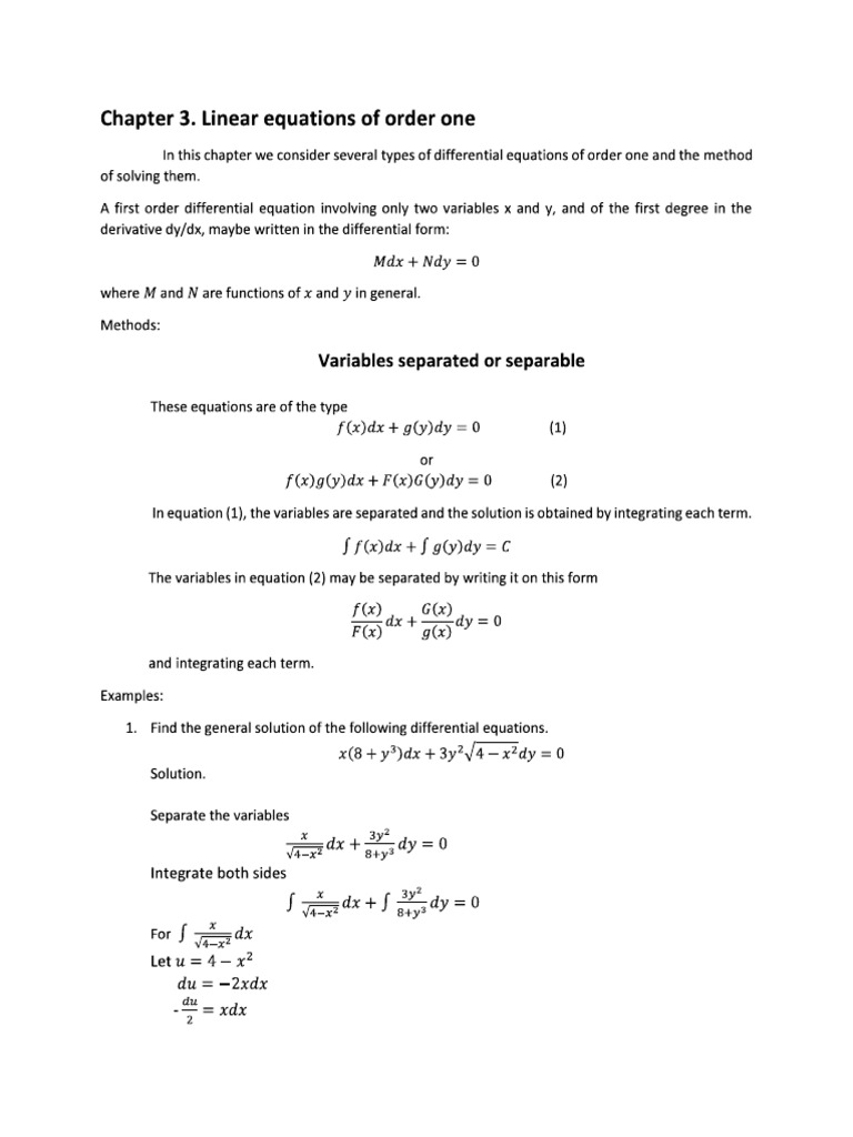 Chapter 3. Linear Equations of Order One | PDF