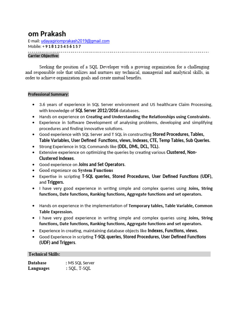 OM Exp Resume | PDF | Microsoft Sql Server | Database Index