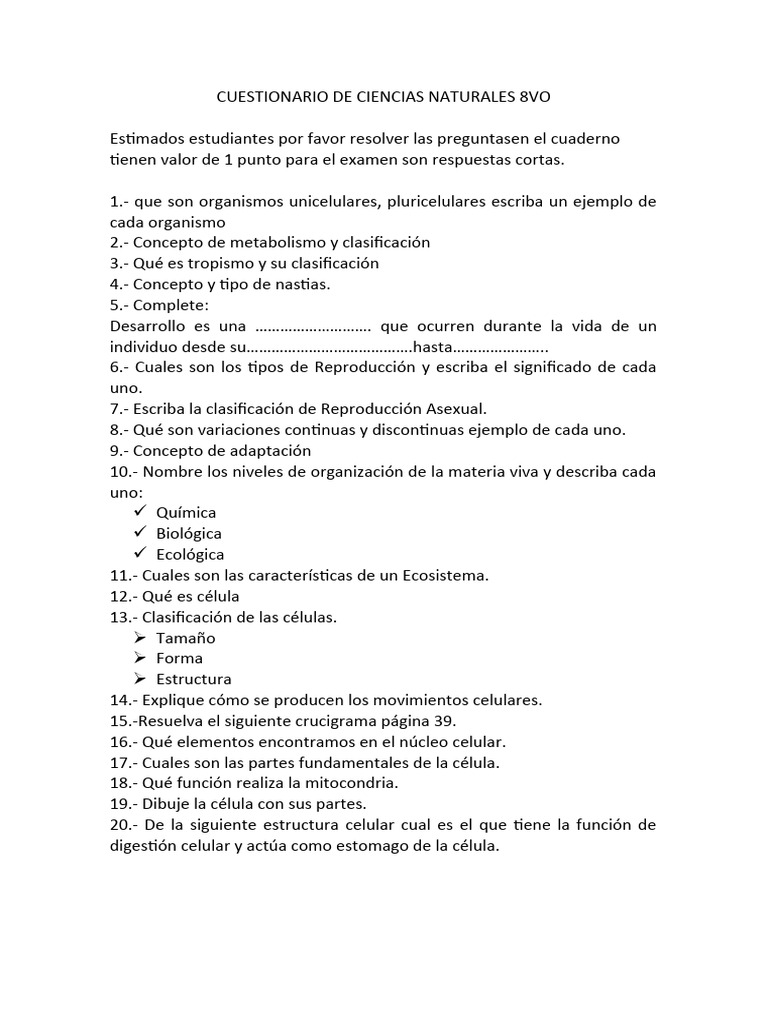 Cuestionario de Ciencias Naturales 8vo | PDF
