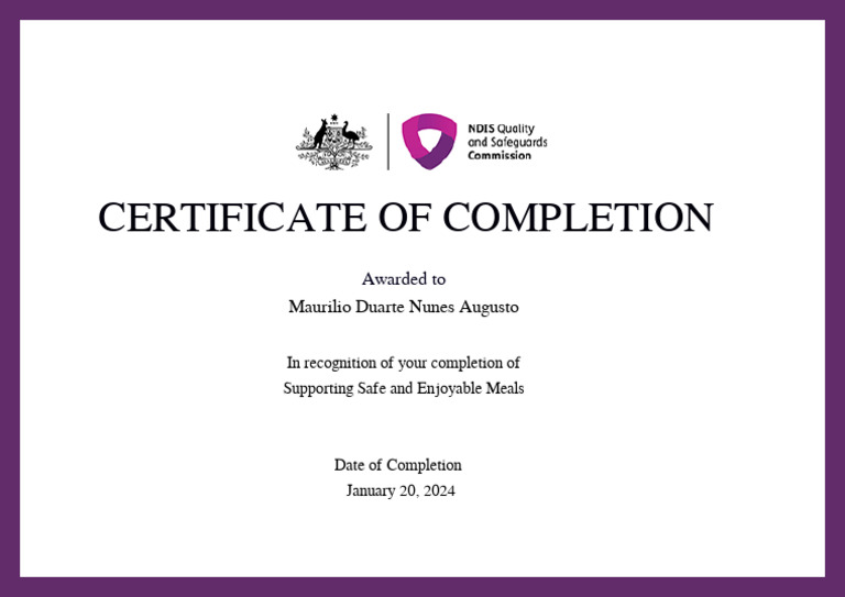 Supporting Safe and Enjoyable Meals Certificate of Completion | PDF