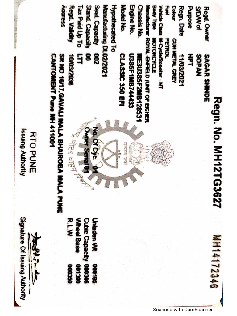 MH12TG3627 RC Book | PDF