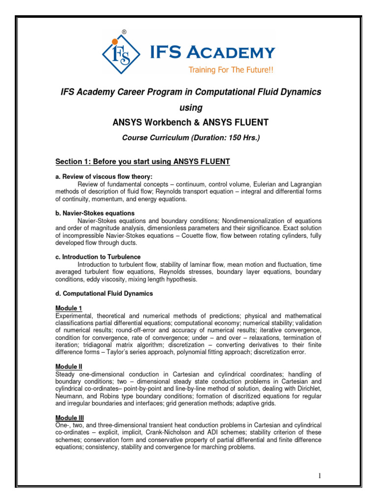 IFS Academy Career Program in Computational Fluid Dynamics Using ANSYS Workbench ANSYS Fluent ...