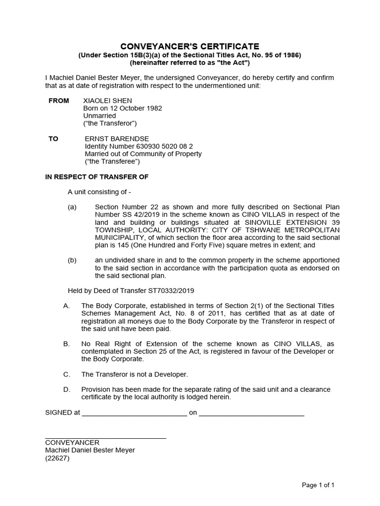 Conveyancer's Certificate - Section 15B (3) (A) | PDF | Civil Law ...