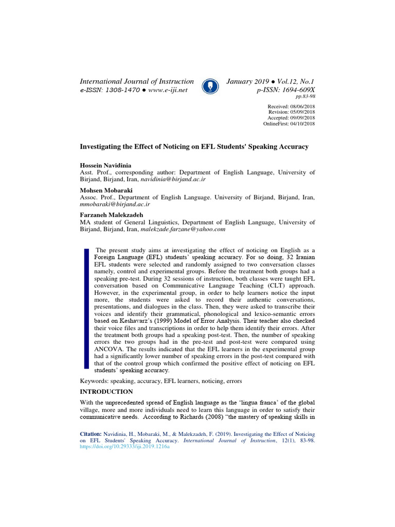 Investigating The Effect of Noticing On EFL Students' Speaking Accuracy | Download Free PDF ...
