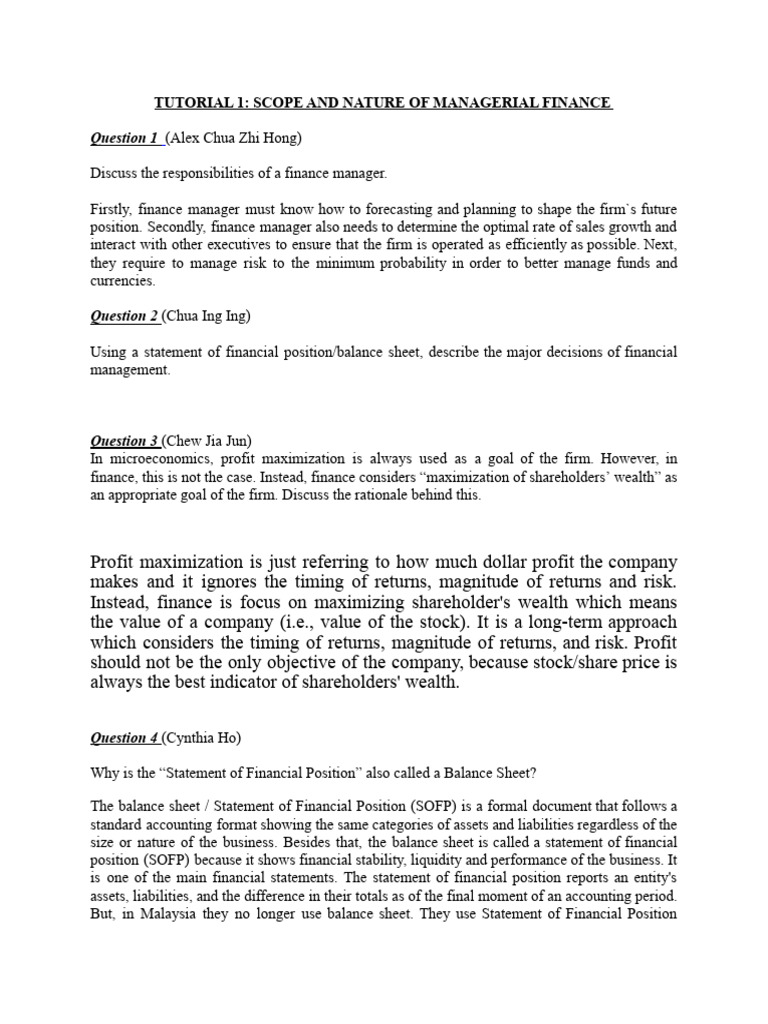 Tutorial 1 - Scope and Nature of Managerial Finance | PDF | Balance Sheet | Equity (Finance)