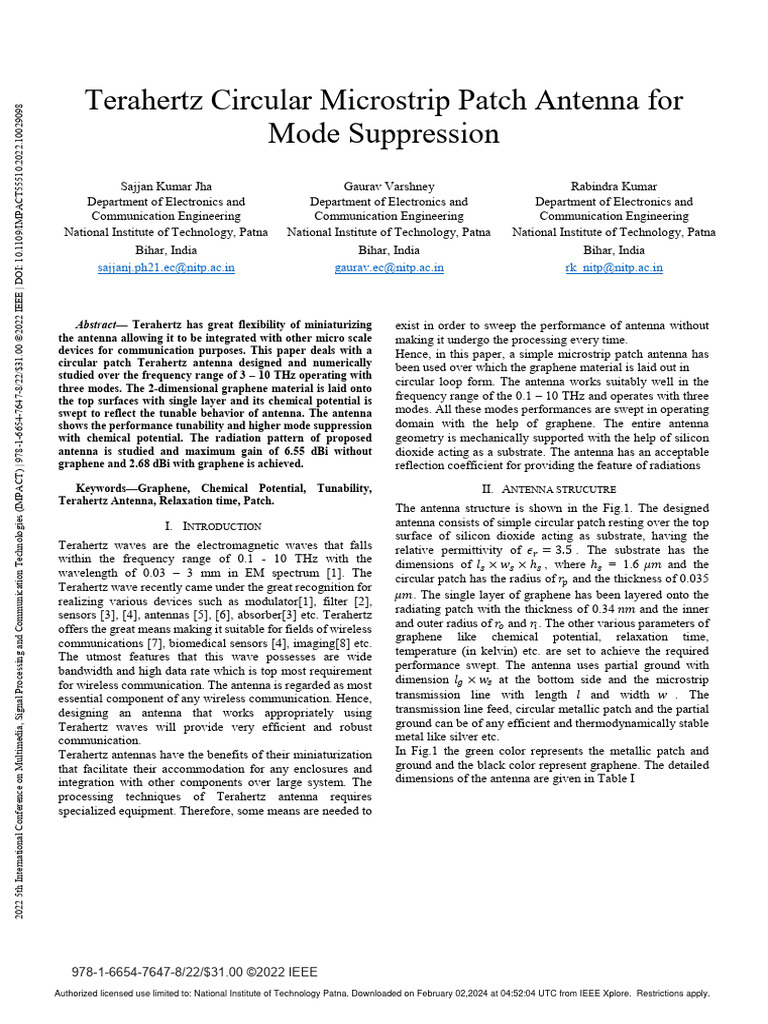 Terahertz Circular Microstrip Patch Antenna For Mode Suppression | PDF ...