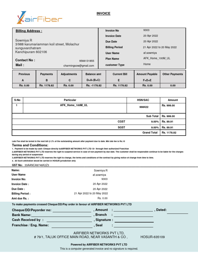 Wifi Bill | PDF | Cheque | Invoice