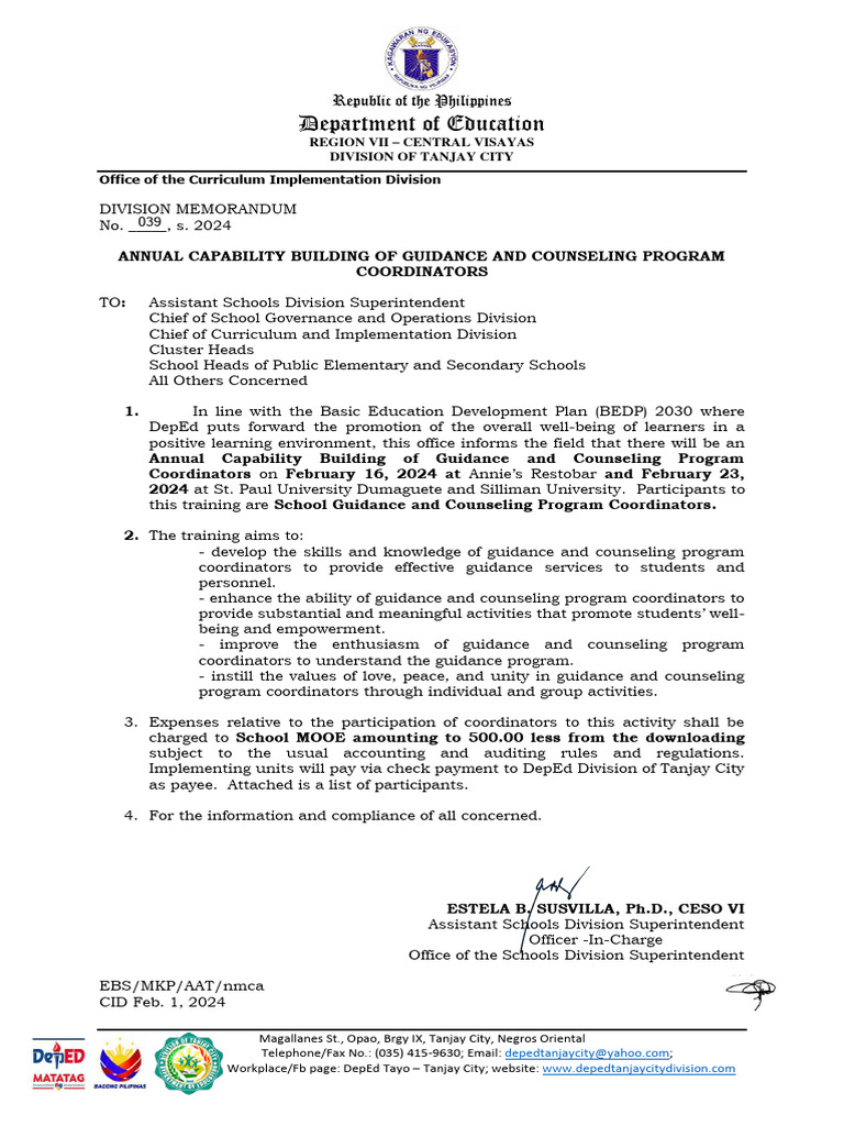 DM 039 S. 2024 - Annual Capability Program of Guidance and Counseling Program Coordinators | PDF ...
