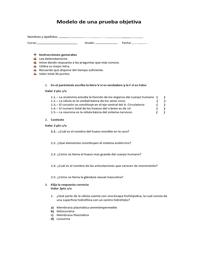 Modelo de Una Prueba Objetiva PDF | Descargar gratis PDF | Biología ...