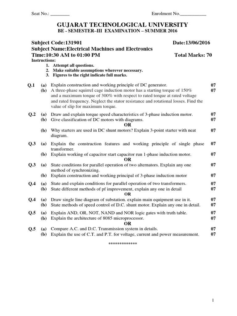 GTU BE Electrical Machines Exam 2016 | PDF | Electric Motor ...