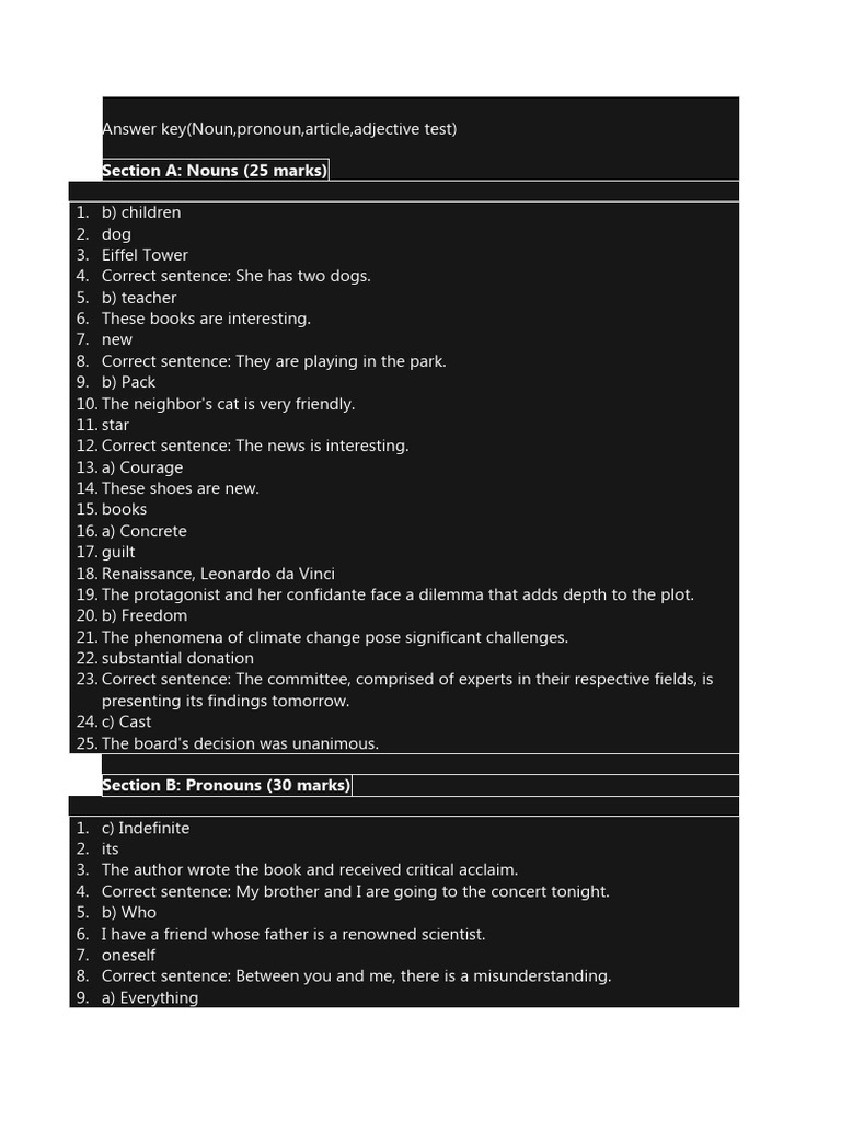 Answer Key (Noun Proun Article) | PDF | Linguistics | Linguistic Morphology