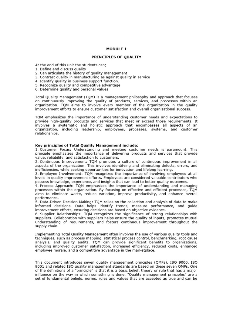 Module 1 TQM | PDF | Quality Management | Quality (Business)