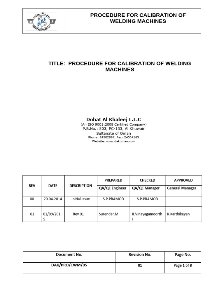 Welding Machine Calibration Procedure | PDF | Calibration ...